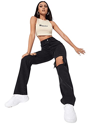 SweatyRocks Women's Casual Loose Ripped Denim Pants Distressed Wide Leg Jeans Black XL