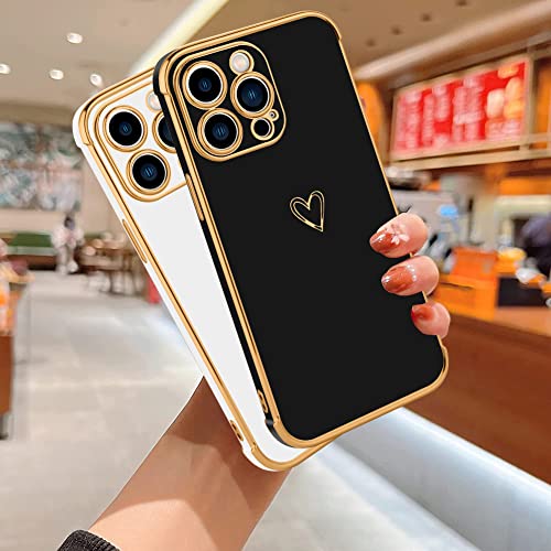 MZELQ Compatible with iPhone 14 Pro Case for Women Cute Luxury Love Heart Pattern Design Full Camera Protection Soft TPU Reinforced Corners Protective Plating Edge Phone Case 6.1 in 2022 - Black