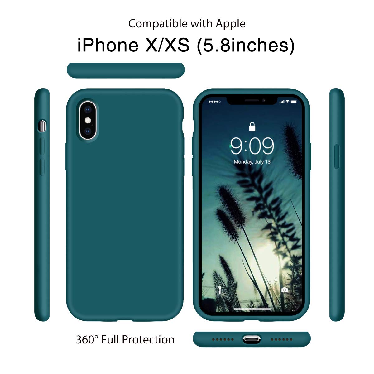 cillen Case for iPhone X/iPhone Xs 5.8 inch Liquid Silicone Gel Rubber Phone Case, Full Body Slim Soft Microfiber Lining Cushion Shockproof Protective Case (Blackish Green)