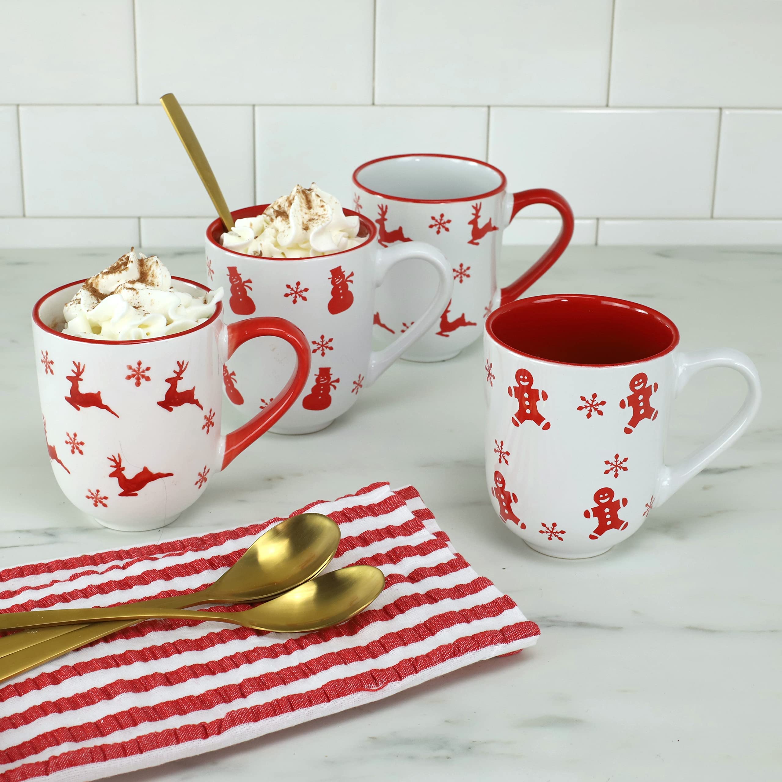 Euro Ceramica Winterfest Collection 4 Piece Mug Set | Festive Assorted Parttern | Stoneware Mugs Set |Hand-Stamped Holiday Design, Red & White Assorted Holiday Patterns| Winterfest nGift Set