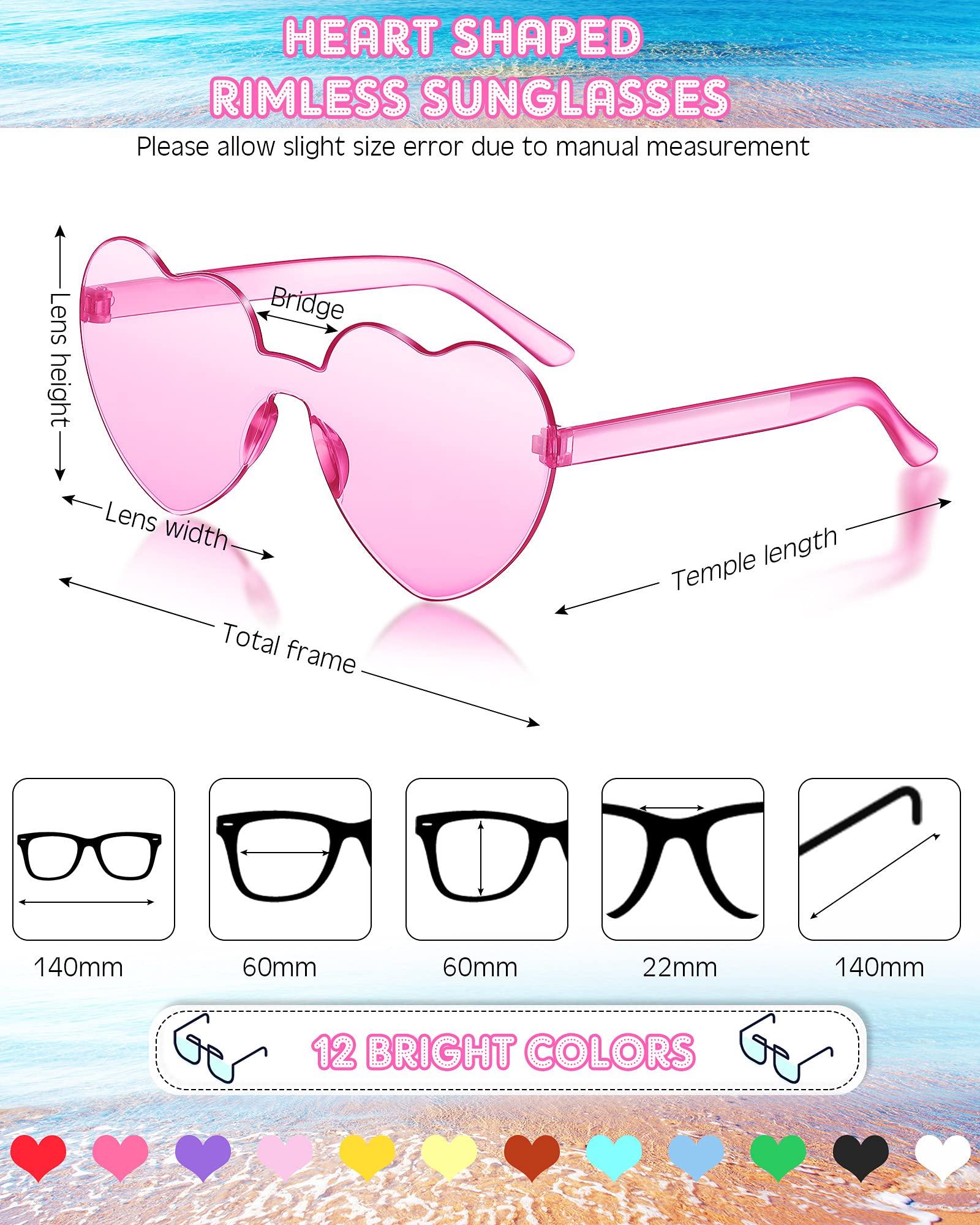 Colzzy 24 Pair Heart Shaped Rimless Sunglasses Transparent Candy Color Frameless Glasses Tinted Eyewear(Retro Colors)