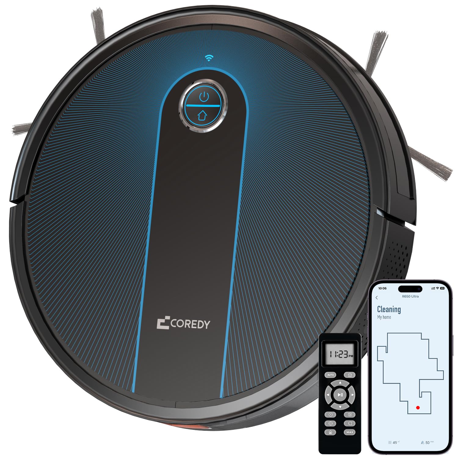Coredy Robot Vacuum, R650 Ultra Robotic Vacuum with 2200 Pa Strong Suction, Gyro Dynamic Navigation, Z-zag Cleaning Path, App Control, Real Time Map, Compatible Alexa, Ideal for Carpet, Hard Floor