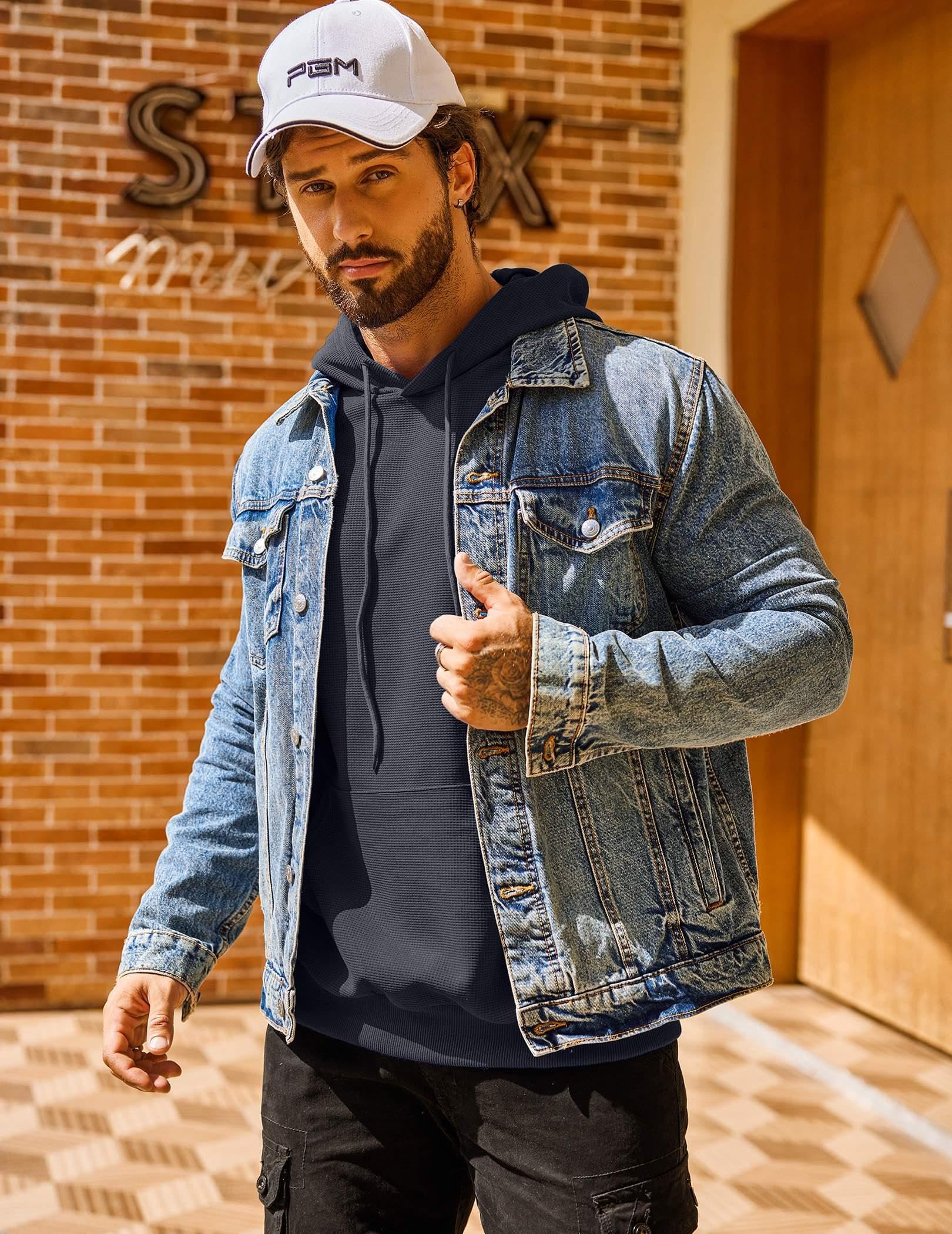 COOFANDY Men's Hooded Sweatshirts Long Sleeve Casual Pullover Hoodie Waffle Knit Sweatshirt with Pocket Dark Grey