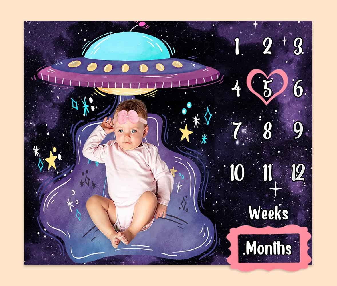 PHMOJEN Baby Monthly Milestone Blanket Fun Alien Spaceship Turquoise UFO Flying Saucer Age Blanket, Newborns 1 to 12 Months Unisex Include 4 Frames and 1 Headband 48"x40" BTLSPH729