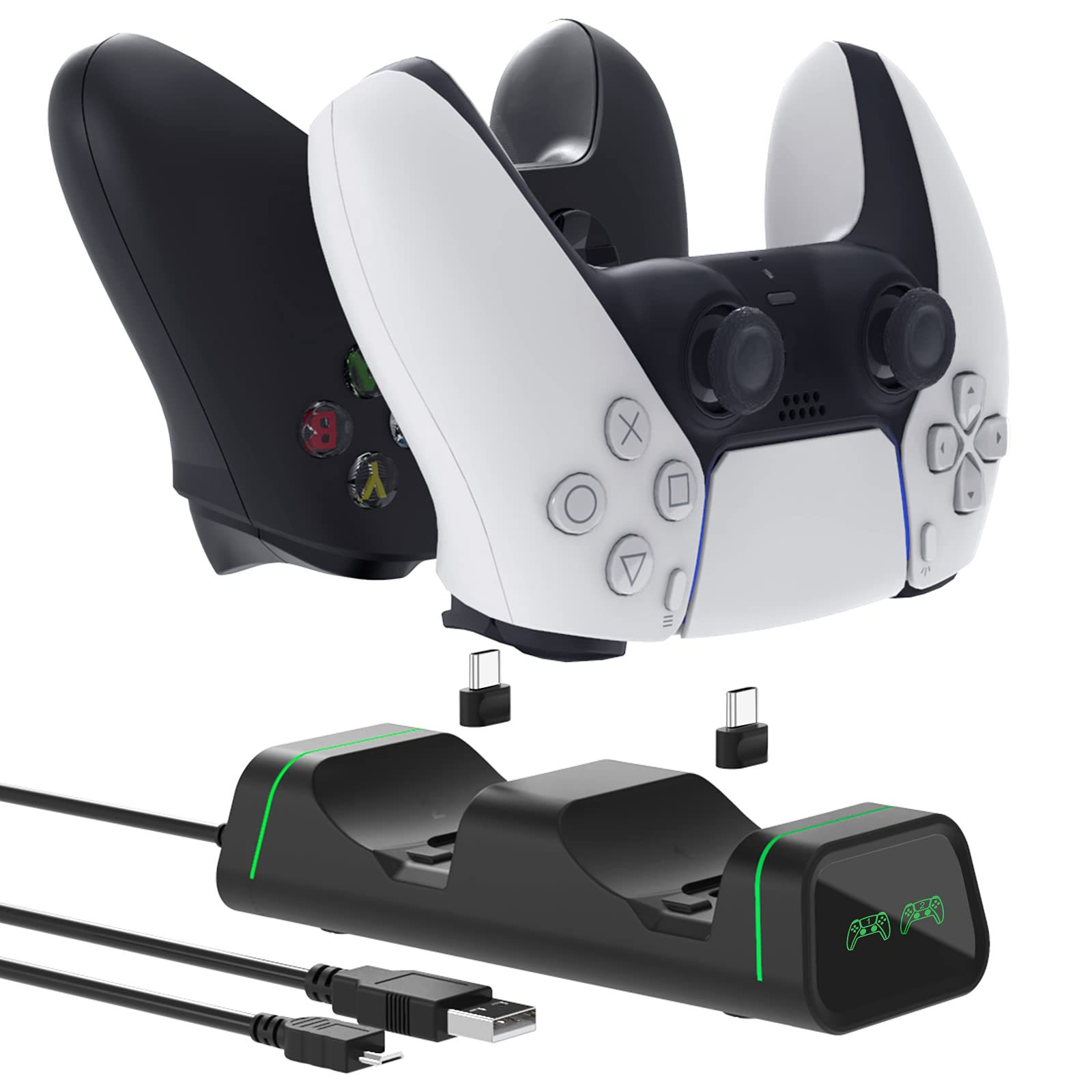 Controller Charger Compatible with PS5/ Compatible with Xbox Series X&S/ Compatible with Nintendo Switch / Compatible with Elite 2, Multifunctional Dual USB Fast Charging Station Charging Dock