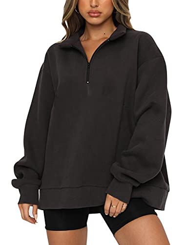 Meladyan Womens Half Zip Sweatshirt Oversized Long Sleeve Collar Drop Shoulder Solid 1/4 Zipper Pullover Jacket Black