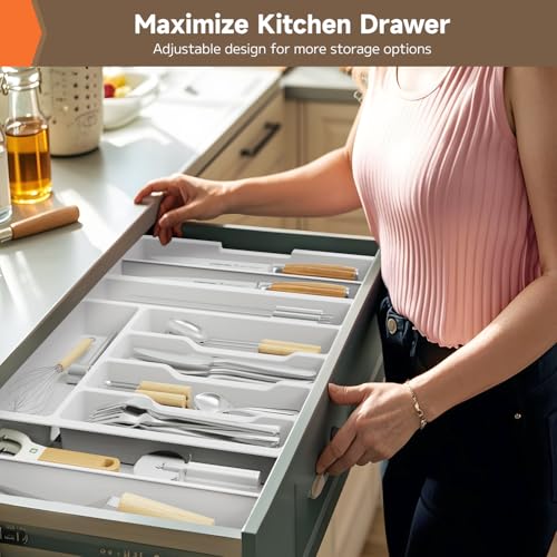 KreuRaxy Expandable Silverware Cutlery Utensil Organizer Tray for Kitchen Drawers, 13 to 22.8 Inch Adjustable Design with 2 Divider, Flatware Tableware Tray for Spoon Spatula Forks, Large, White