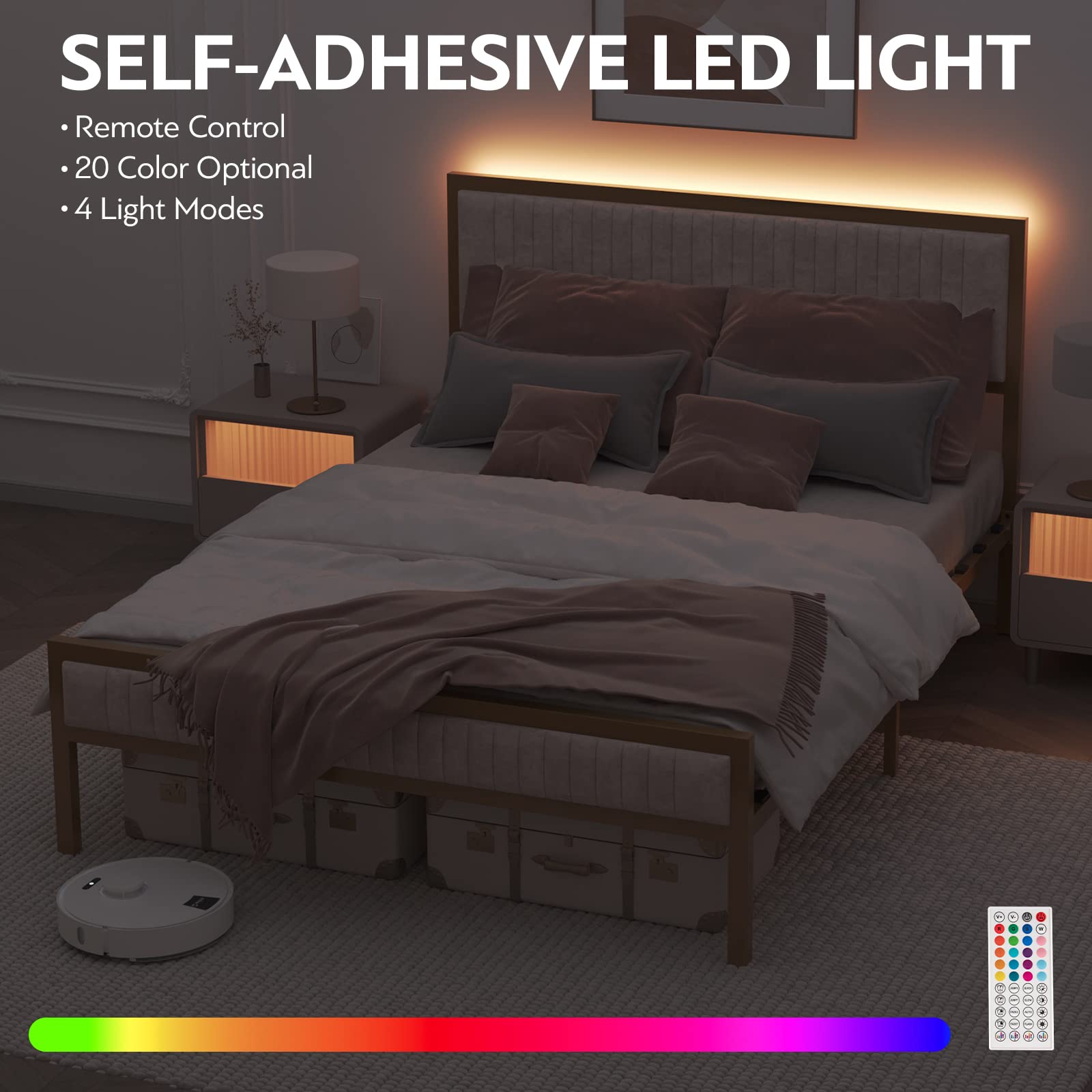 CIKUNASI Gold King Bed Frame, Upholstered Bed Frame with Velvet Headboard Footboard Heavy Duty Bed Frame with LED Lights/No Box Spring Needed/Easy Assembly