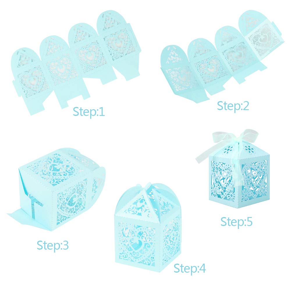 Lucky Monet 25/50/100PCS Love Heart Laser Cut Wedding Candy Gift Box Chocolate Box for Wedding Favor Birthday Party Bridal Shower with Ribbon (100pcs, Blue #01)
