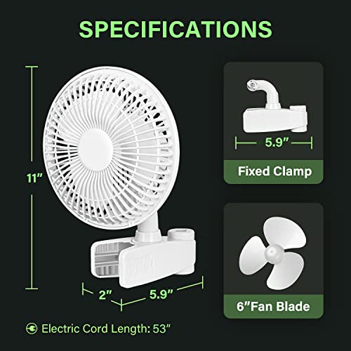 InfiniPower 6-Inch Grow Tent Poles Clip Fan, Monkey Fan, Manually Adjustable 90° Angles, 15W, 2-Speeds Control, 53 inch Cord Length, White,2-PACK(GLFANXCLIP6)
