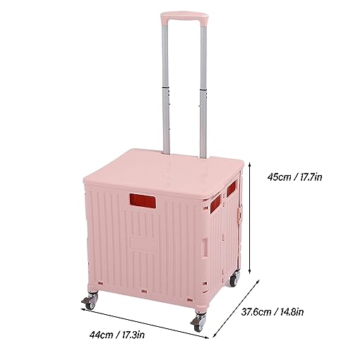 Collapsible Utility Cart Wheel Shopping Folding Grocery Transportation High Rise Small Casters Storage Carts (Pink)