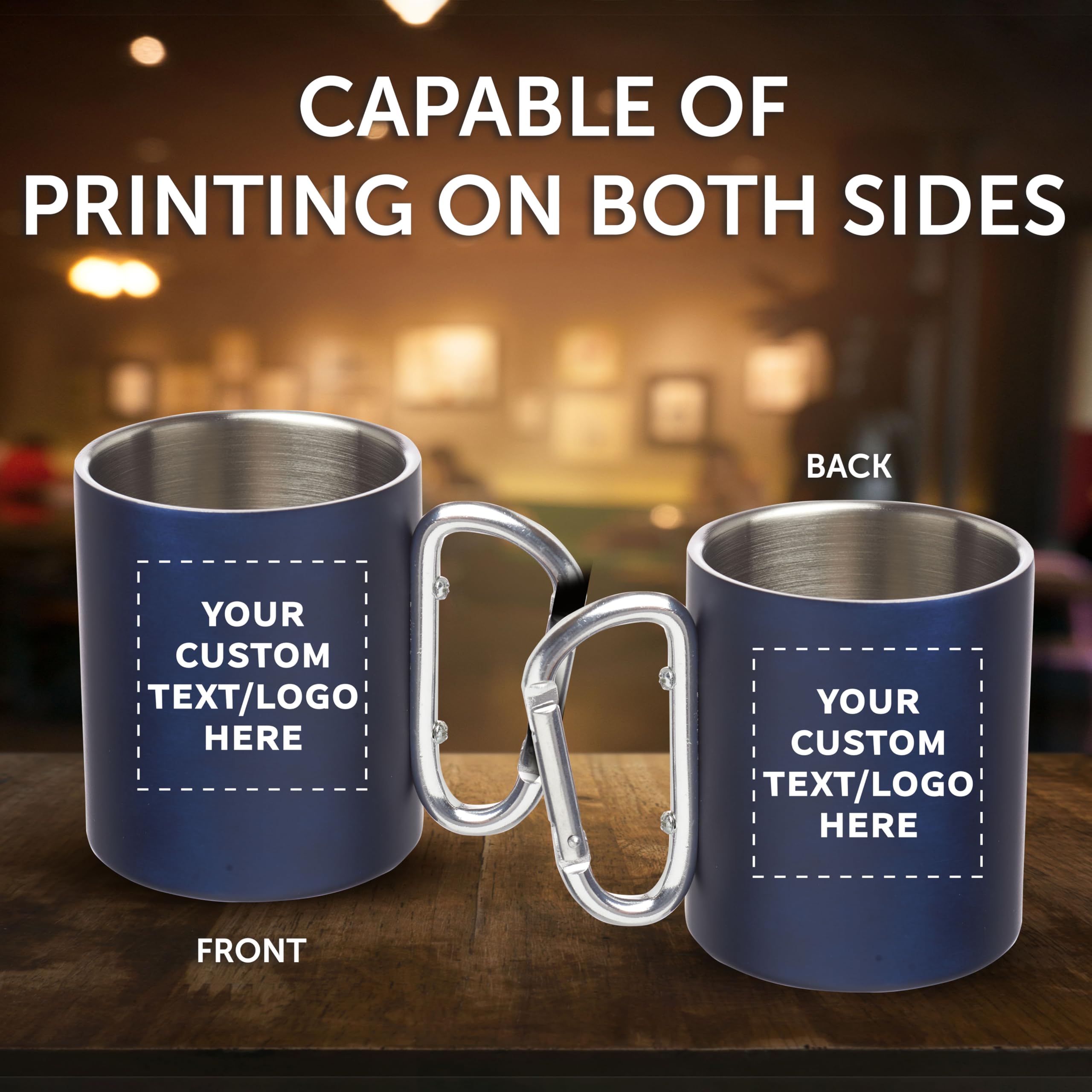Custom Stainless Steel Mugs with Carabiner Handle 10 oz. Set of 10, Personalized Bulk Pack - Perfect for Coffee, Soda, Other Hot & Cold Beverages - Navy Blue