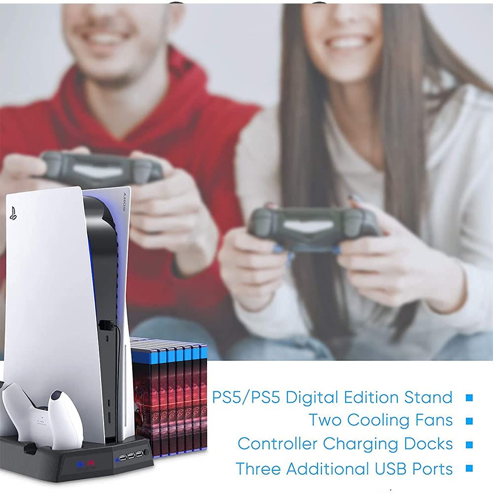 DAHAKII PS5 Vertical Stand with Cooling Fan for PS5 Digital Edition/Ultra HD Charging Dock Station with 14 Retractable Game Slots/PS5 Dual Controller Charger Ports