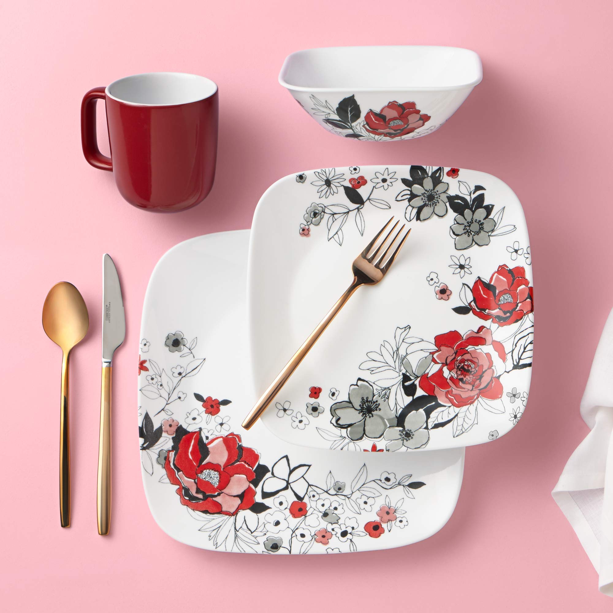 Corelle Boutique Square Chelsea Rose 16-Piece Chip Resistant Dinnerware Set, Service for 4