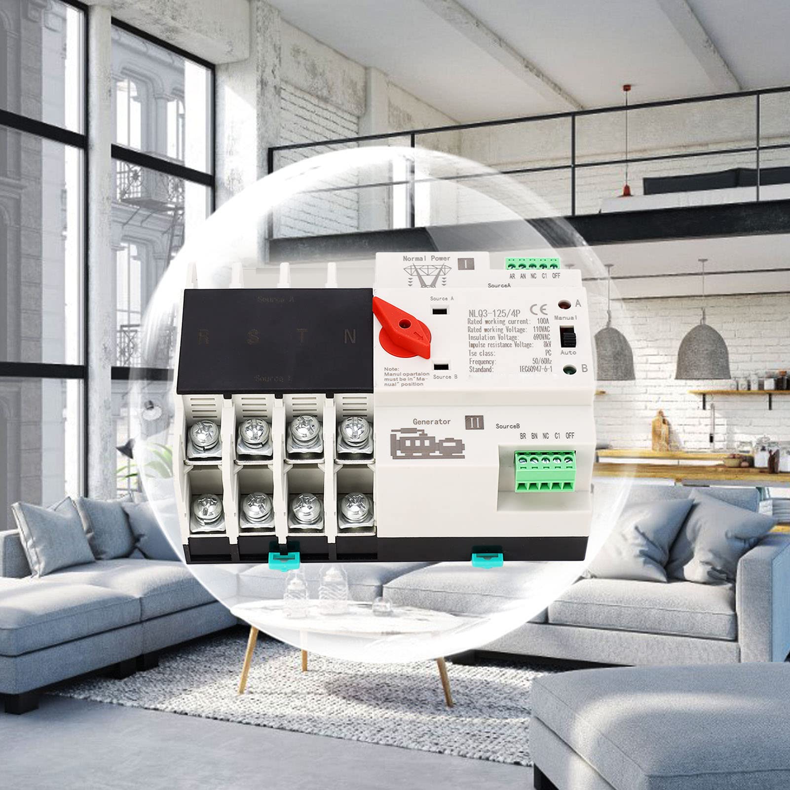 Dual Power Automatic Transfer Switch, NLQ3 125 4P 100A 110V Mini ATS Electrical Selector Switches Din Rail Mounted Dual Power Switch Generator Changeover Switch for Emergency Power