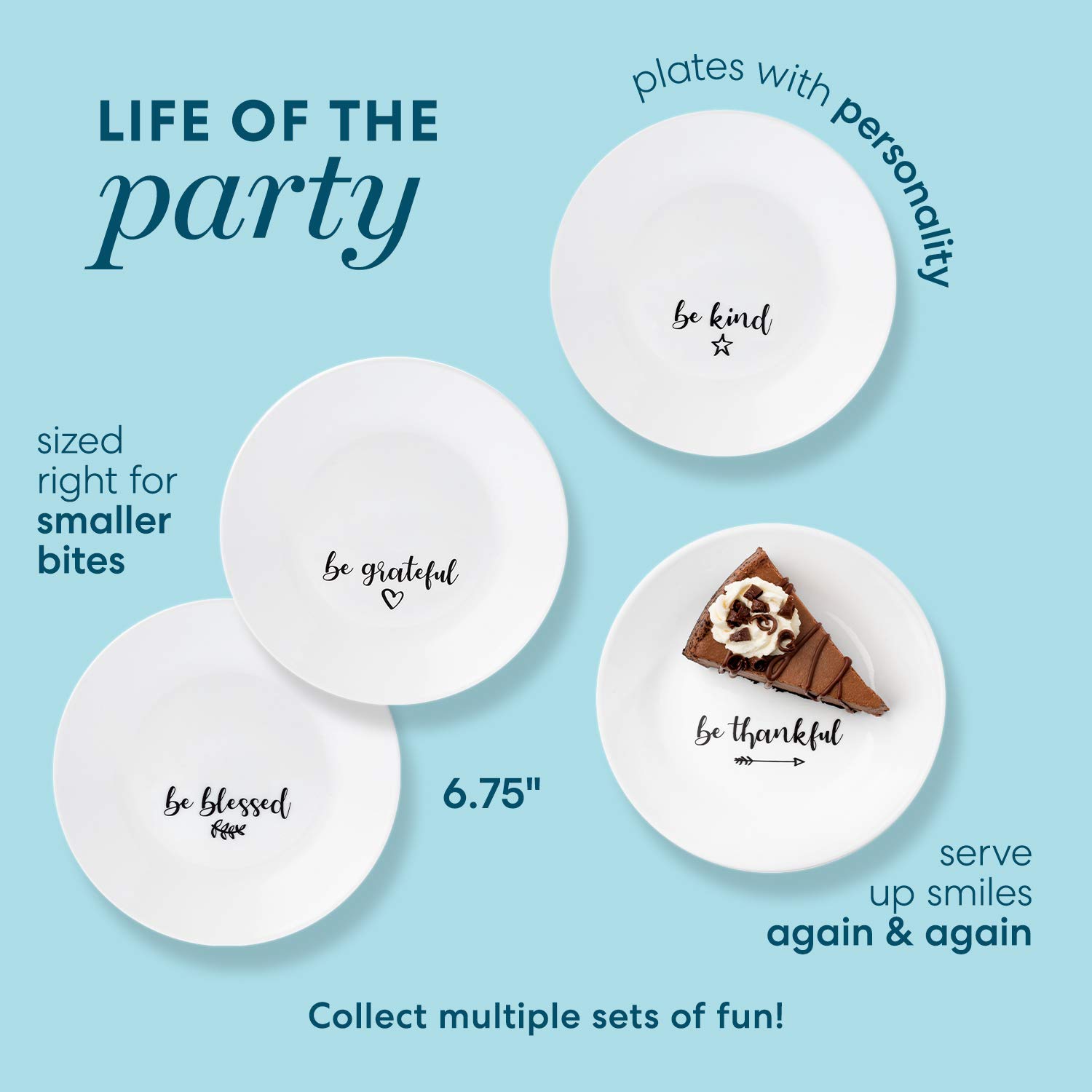 Corelle Vitrelle 8-Piece Appetizer Plates Set, Triple Layer Glass and Chip Resistant, Lightweight Round 6-3/4-inch Plates, Sentiments