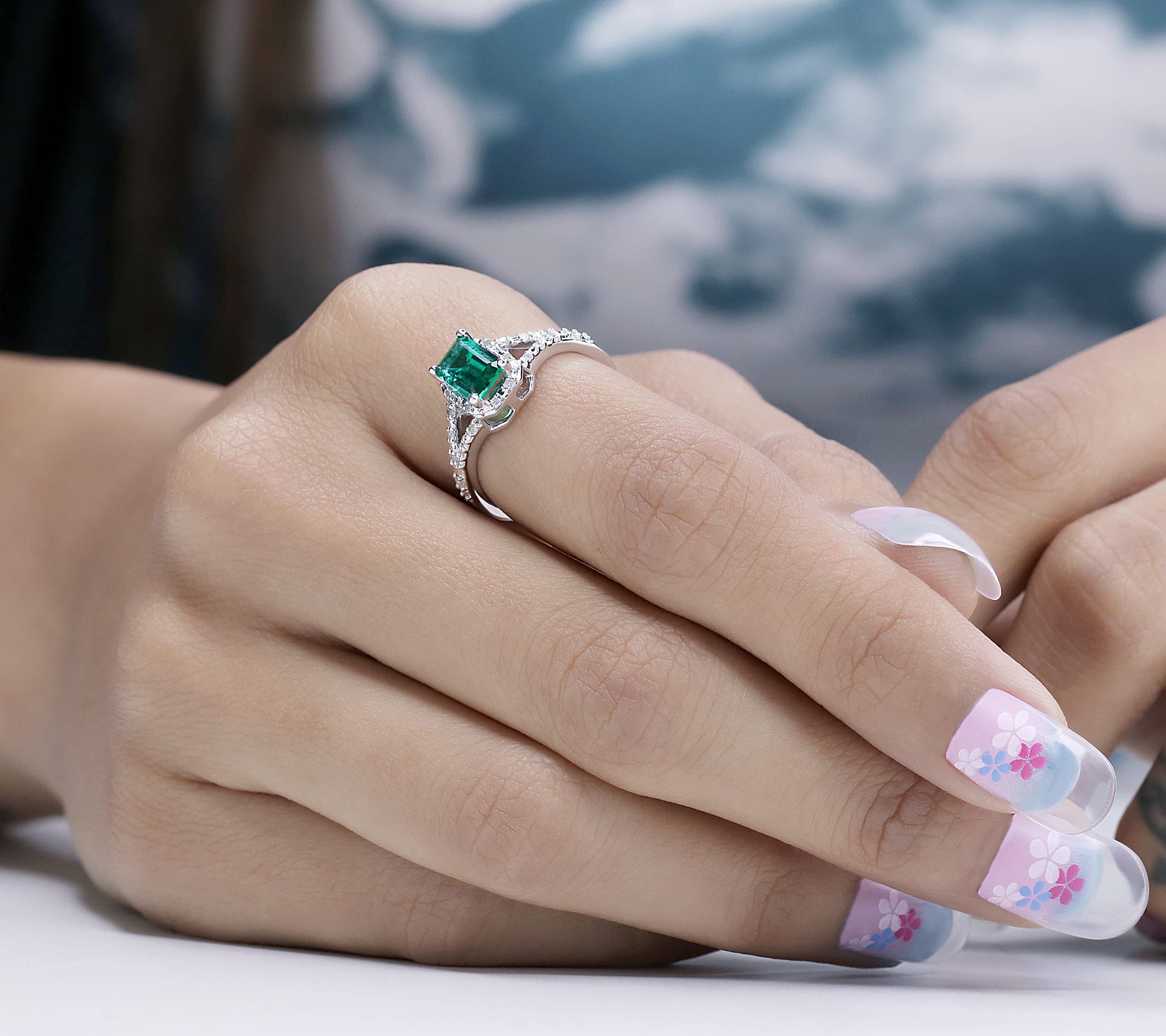Dazzlingrock Collection 7x5mm Lab Created Emerald & Round White Diamond Halo Split Shank Engagement Ring for Women in 925 Sterling Silver Size 5.5
