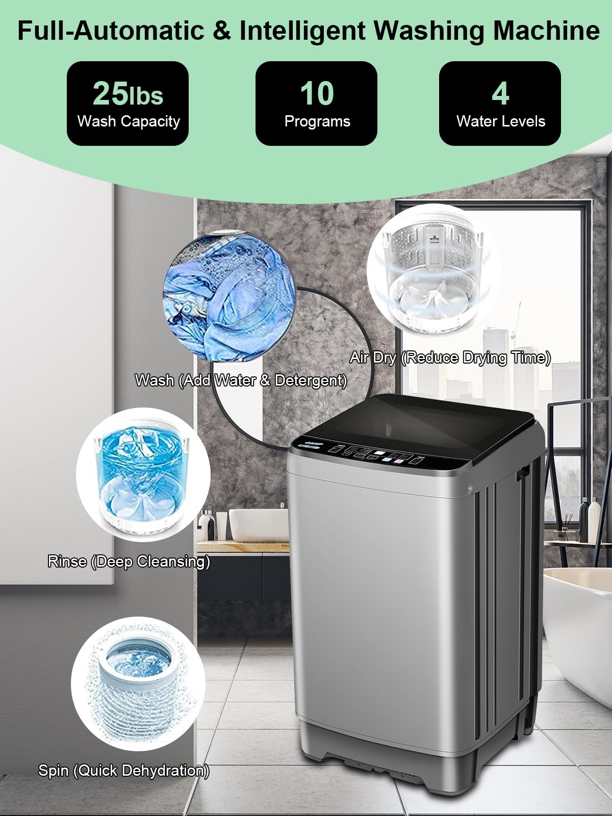 KRIB BLING 25 lbs Full Automatic Washing Machine with LED Display Compact Washing Machine with Drain Dump, 10 Wash Programs and 8 Water Levels Ideal for Dorms, Apartments, RV, Grey