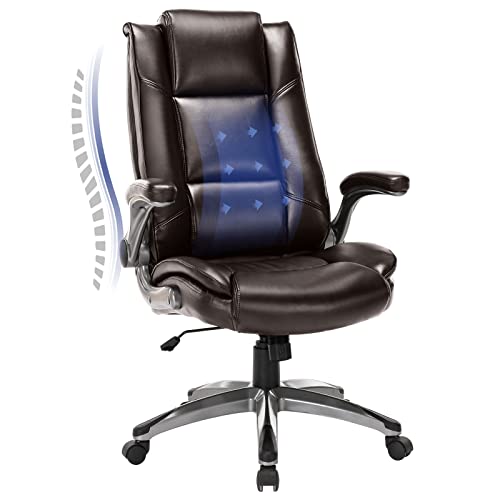 High Back Executive Office Chair-Ergonomic Bonded Leather Computer Chair with Flip-up Arms, Adjustable Tilt Tension, Padded Armrests, Swivel Rolling Home Office Desk Chair-Brown