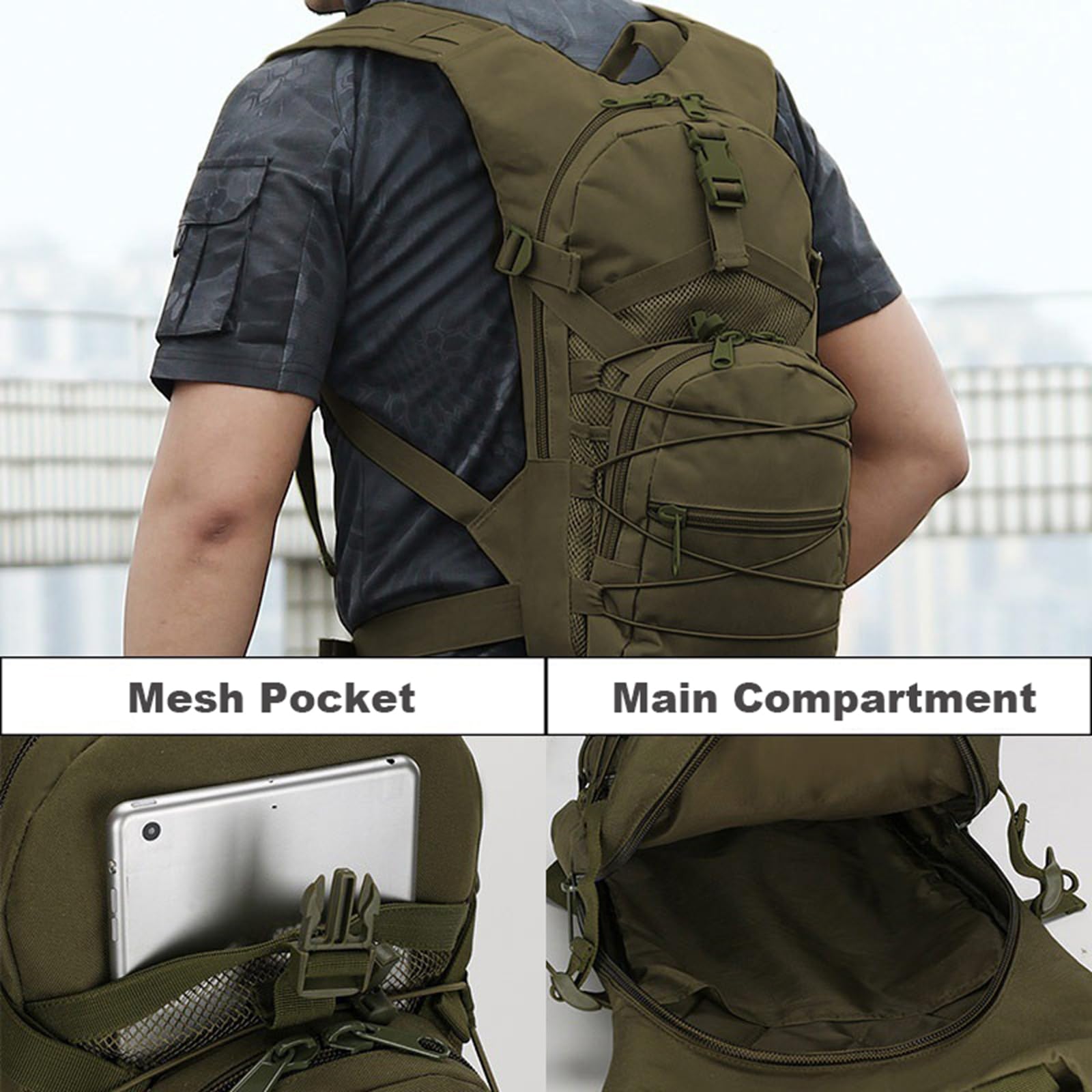 DCOFXGM 15L Waterproof Hiking Backpack Small Tactical Day Pack with Elastic Rope Outdoor Cycling Compact Shoulder Bag (Black)