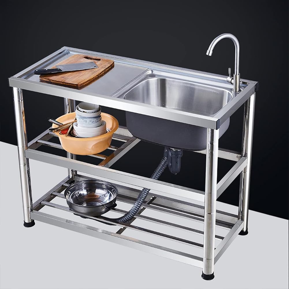 Commercial Restaurant Kitchen Bar Sink, With Cutting Board, Single Bowl Kitchen Sinks,Outdoor Free Standing Sink, Utility prep station Sink, Laundry Tub, Free Standing Stainless-Steel (B)