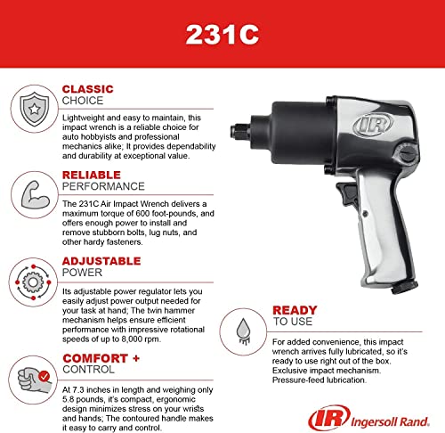 Ingersoll Rand 231C 1/2” Drive Air Impact Wrench – Lightweight, Max 600 ft-lbs Torque Output, Adjustable Power, Twin Hammer, Silver, 3.4 x 8.2 x 8.8 inches