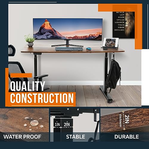 SuperHandy Standing Desk Adjustable Height (63'' x 30'') w/Wireless Charging, USB-C & AC Outlets, 3 Memory Presets - Large Electric Sit-Stand Adjustable Height up to 49'' - Rustic Wood