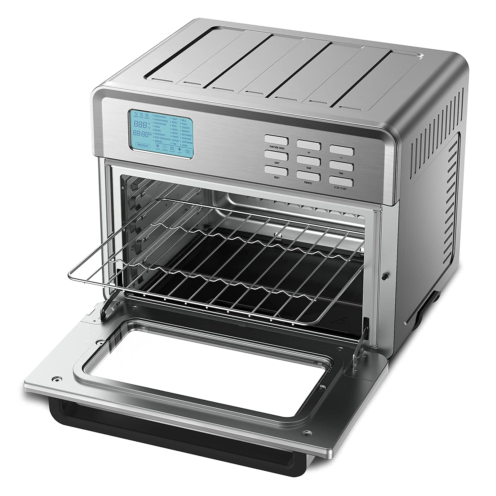 EUROTO Stainless Steel Large Capacity 26.8 QT Air Fryer Oven, 24 in 1 Multi-function, 360 Air Circulation Toaster Oven, LCD digital Display, 4 Layer Shelves, Included Oven Gloves & Apron Up to 450°F