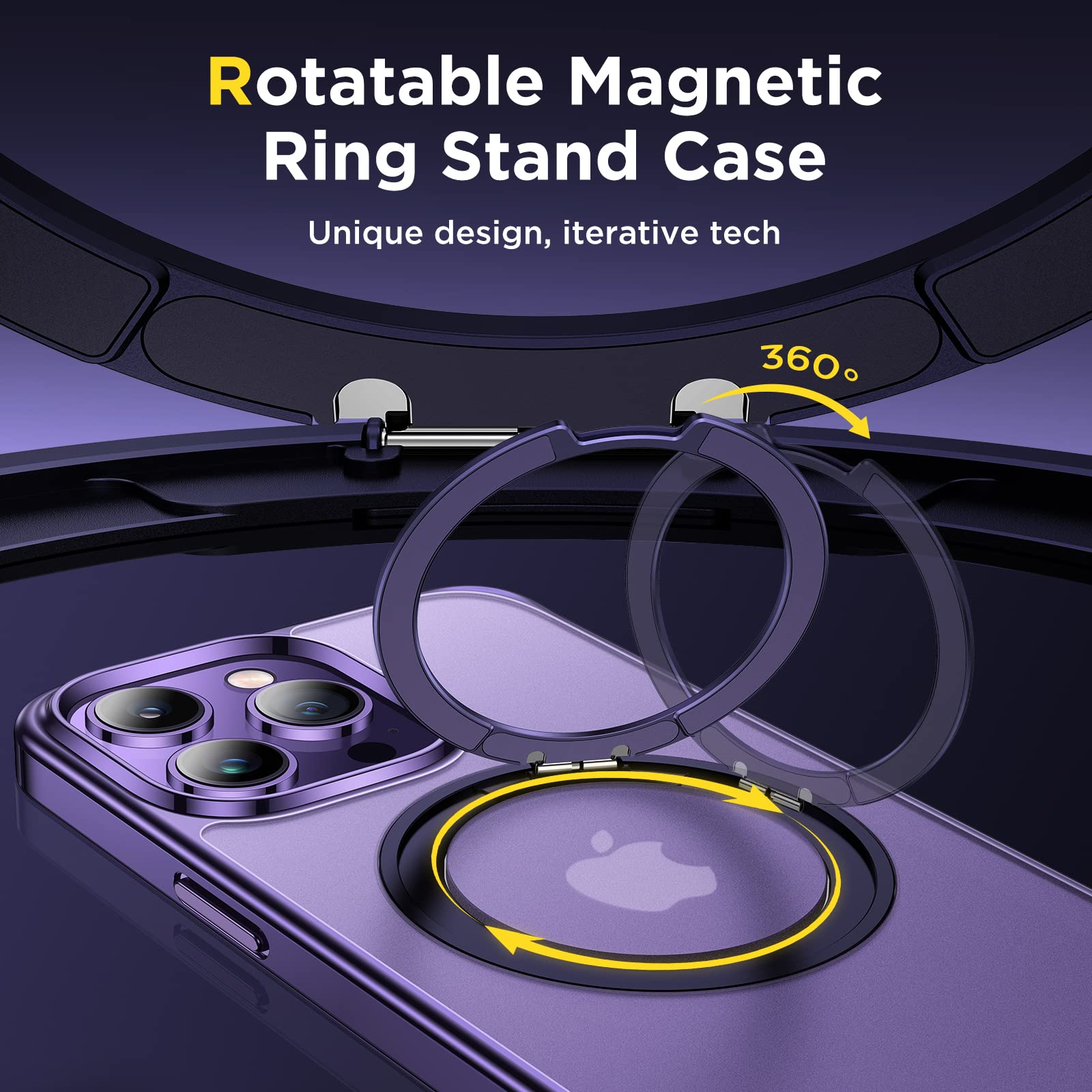 Juntone for iPhone 14 Pro Max Case with 360° Rotatable Magnetic Ring[Compatible with Magsafe][Invisible Kickstand] 12FT Military Shockproof Translucent Matte Back Slim Phone Cover 6.7", Purple