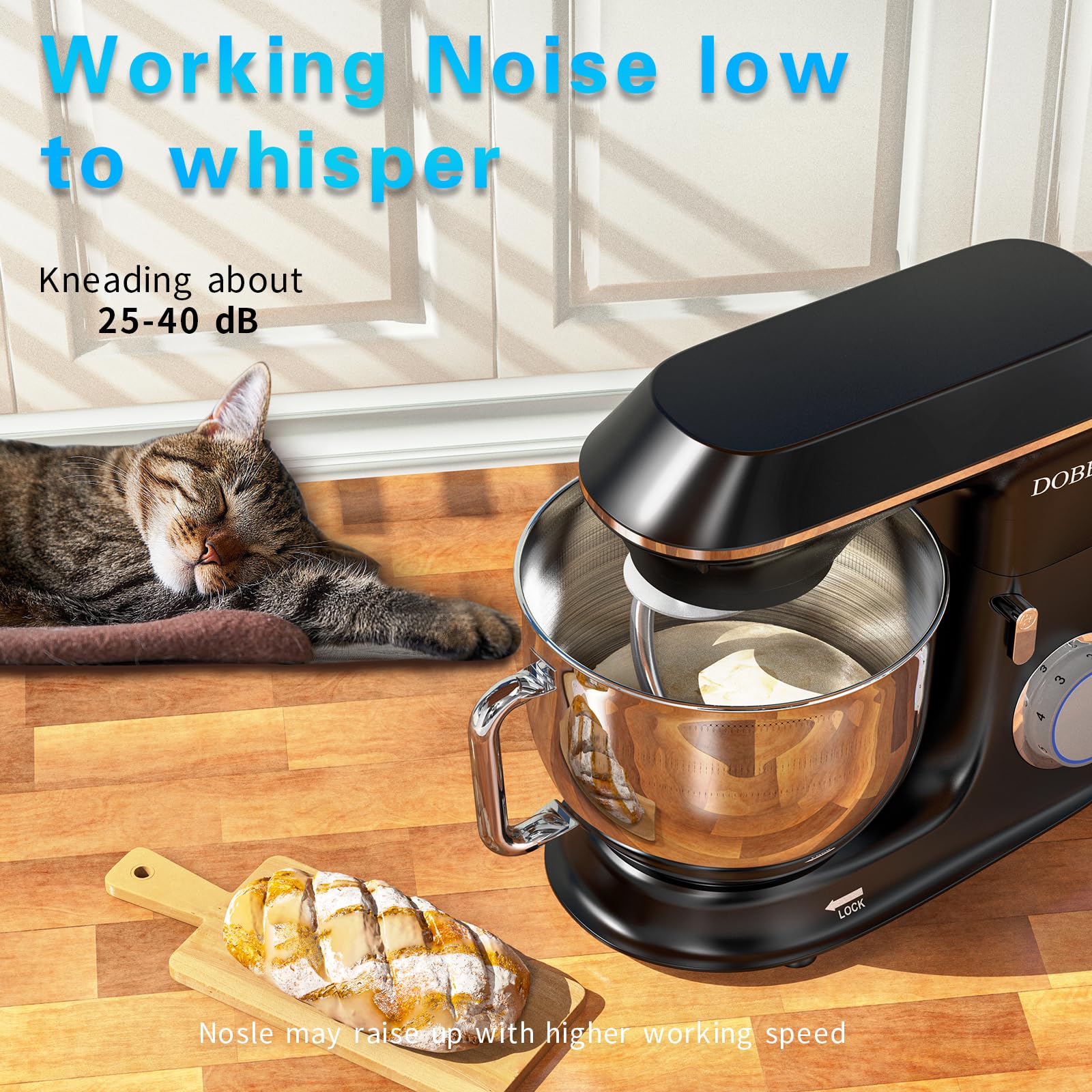 DOBBOR Electric Stand mixer, 9.5QT 660W 7 Speeds Tilt-Head Dough Mixers, Bread Mixer with Dough Hook, Whisk, Beater, Splash Guard for Baking Bread, Cake, Cookie, Pizza, Muffin, Salad and More - Gold
