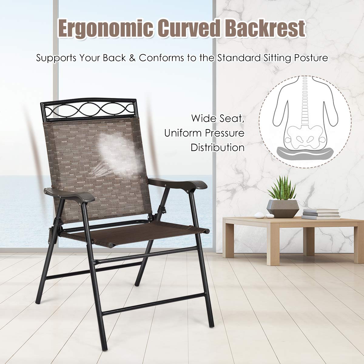 Giantex Set of 2 Patio Chairs, Outdoor Folding Lawn Chairs for Beach, Backyard, Deck, Patio Dining Chairs, Sling Chairs with Armrest and Metal Frame, Folding Camping Chairs (Brown)
