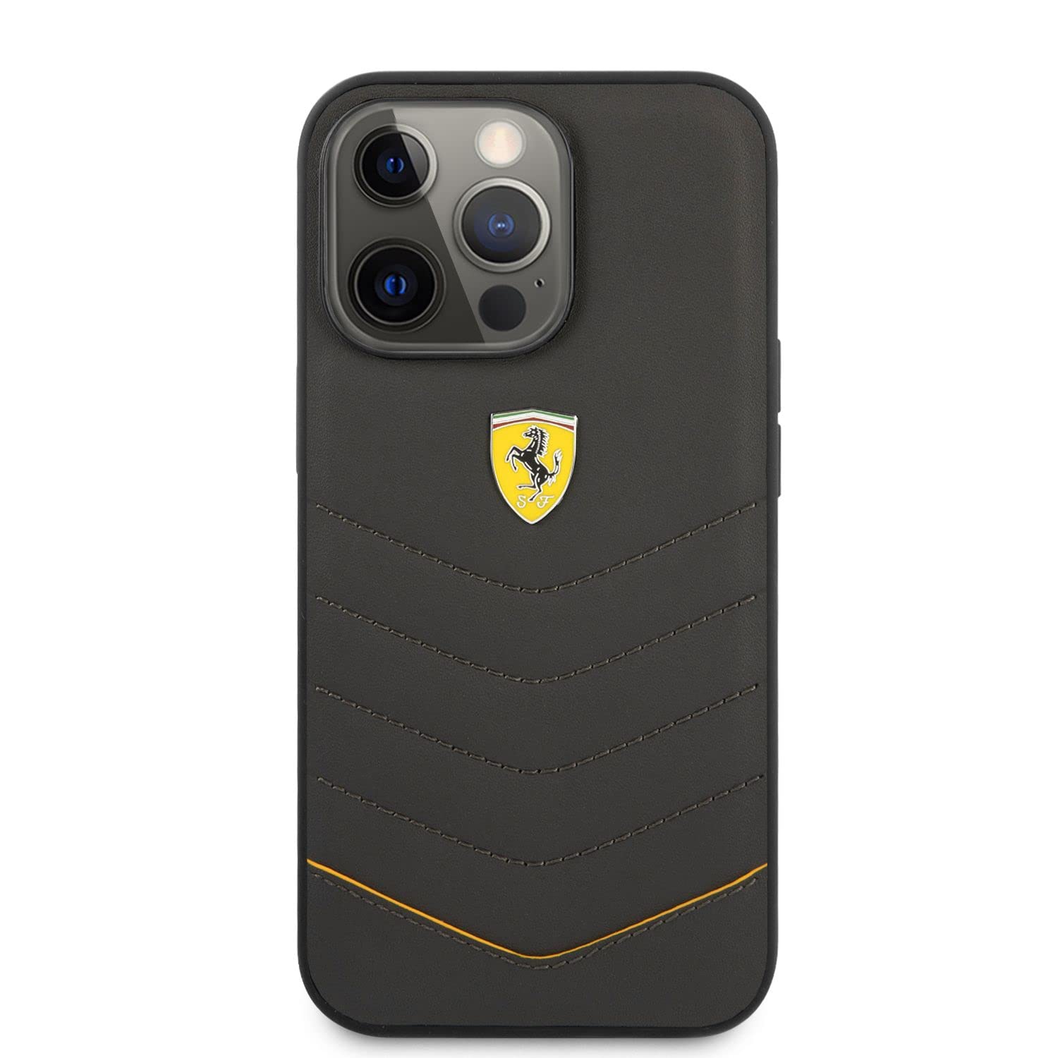 CG MOBILE Ferrari Phone Case for iPhone 13 Pro in Gray with Quilt & Yellow Edge, Real Leather Protective & Durable Case with Easy Snap-on, Shock Absorption & Signature Logo