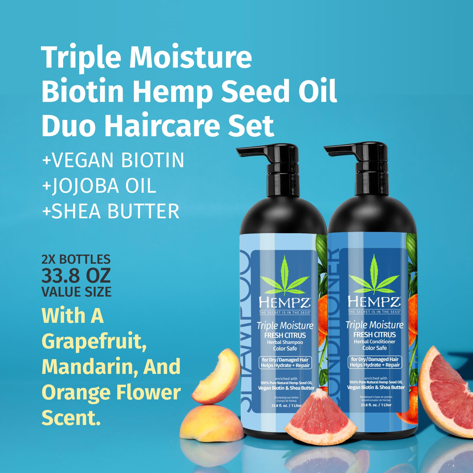 HEMPZ Hair Shampoo & Conditioner Set - Grapefruit & Peach Scent for Dry, Damaged and Color Treated Hair, Hydrating, Softening, Moisturizing with Biotin Duo Set 33.8 fl oz