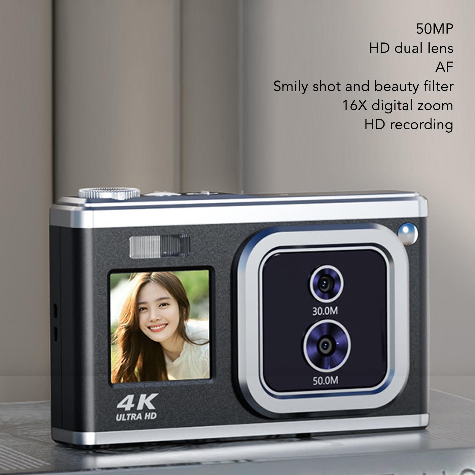 Digital Camera, Retro Digital Camera Dual Screen Front Selfie Screen, Compact Camera Portable with Dual High Definition Cameras, 16X Digital Zoom Auto Focus Camera Built in Flash