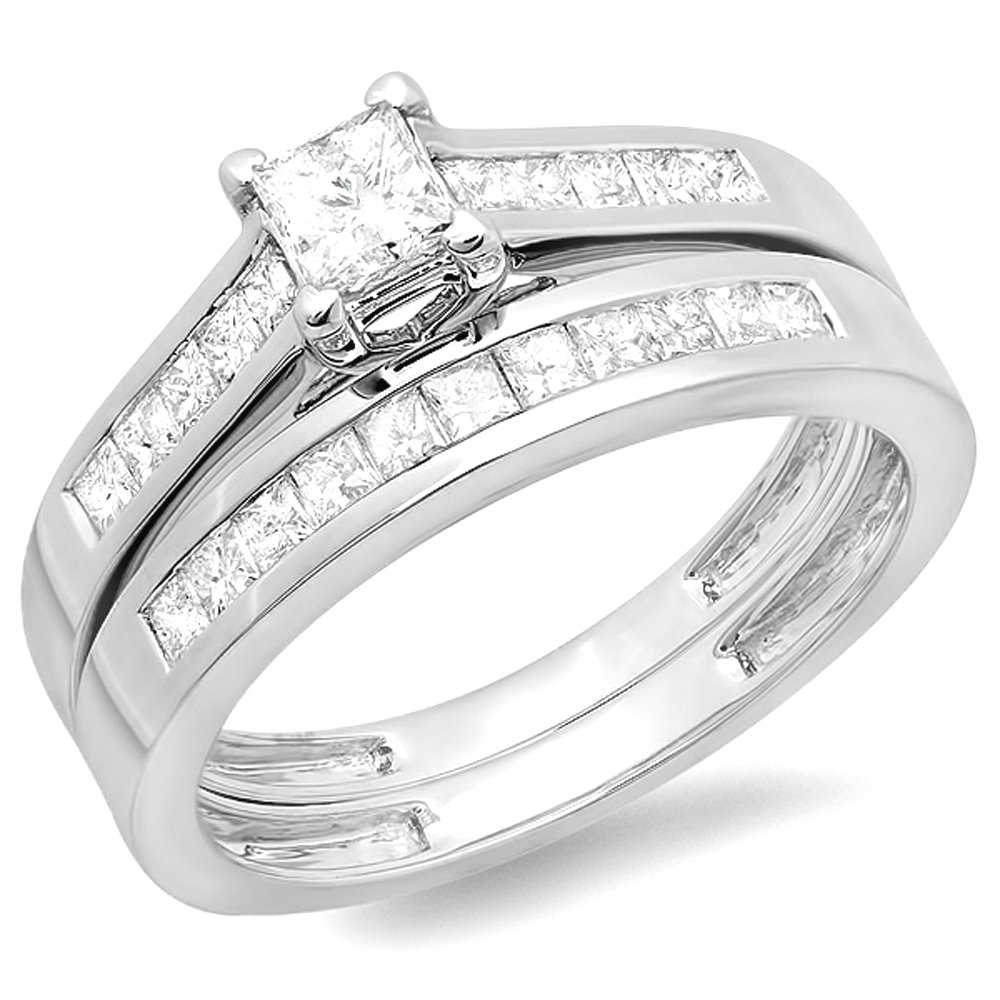 Dazzlingrock Collection 1.00 Carat (ctw) 14K Diamond Bridal Ring Engagement Set Matching Wedding Band 1 CT, White Gold, Size 4.5