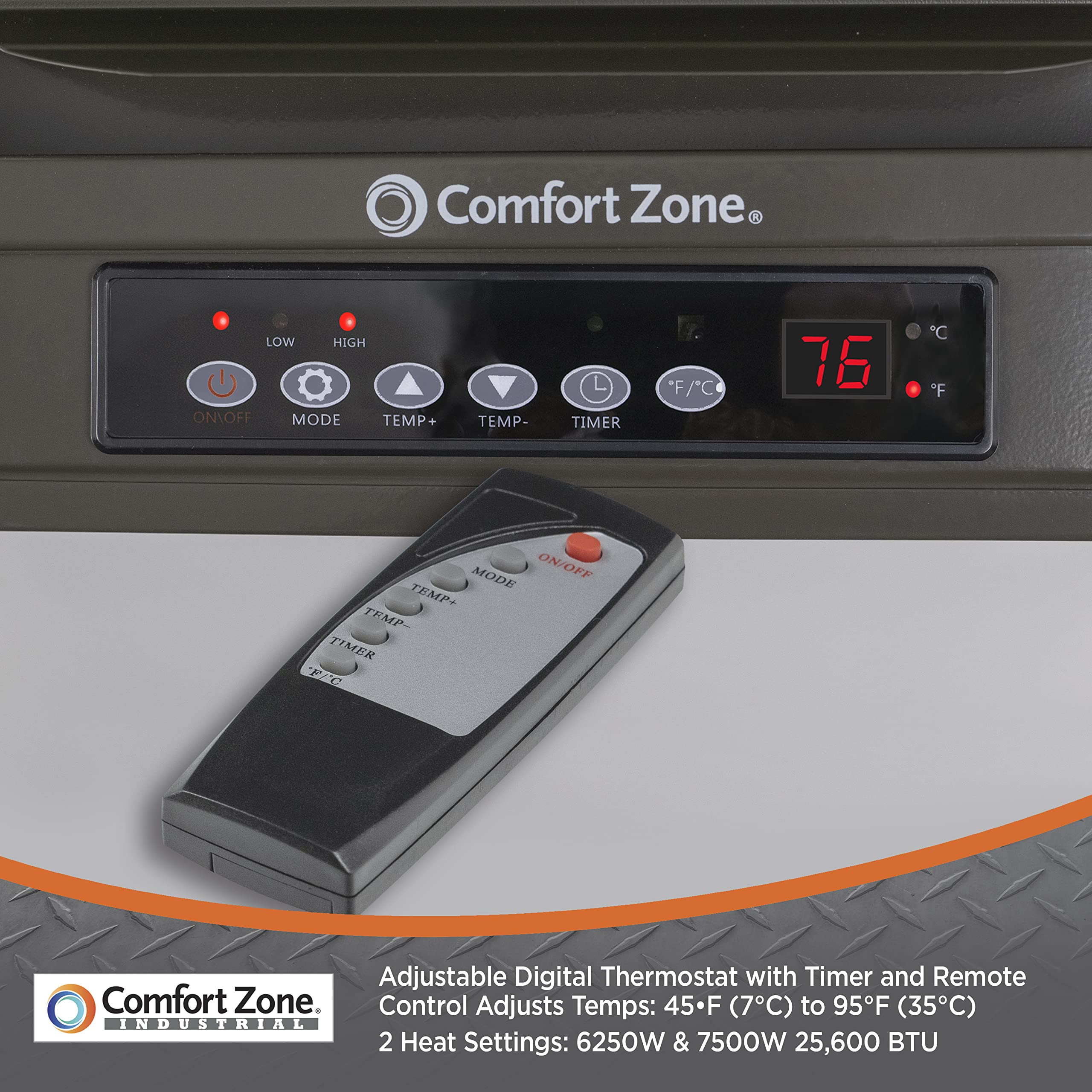Comfort Zone Hard-Wired Ceiling Mount Garage Space Heater with Remote, 7,500 Watt, 240 Volt, Fan-Forced, Overheat Protection, Digital Thermostat, 12-Hour Timer, Ideal for Garage & Workshop, CZ230ER