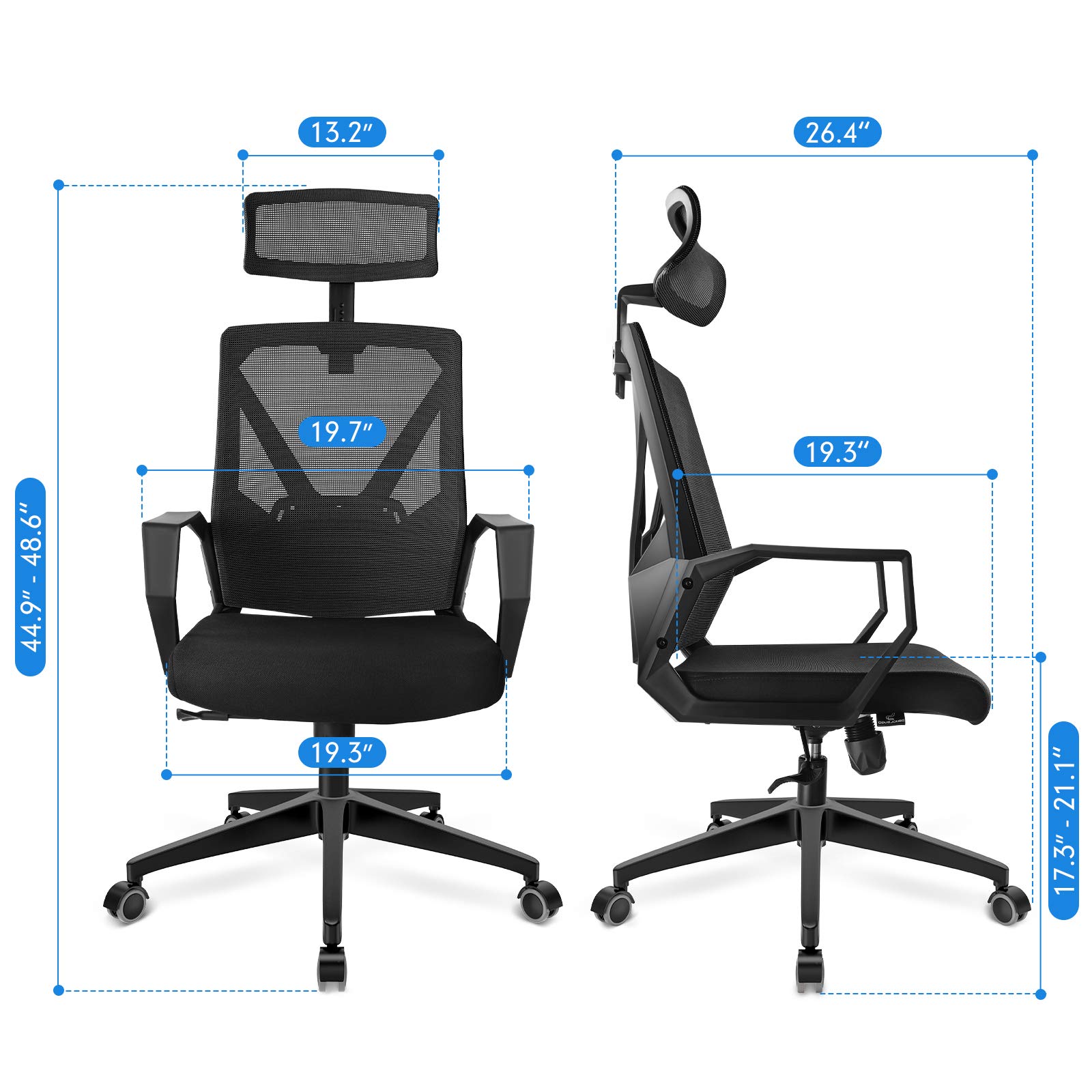 DAVEJONES Office Chair Desk Chair - Computer Ergonomic High Back Mesh Chair, Pure Memory Foam Adjustable Headrest Lumbar Support Gaming Rolling Chair (Black)