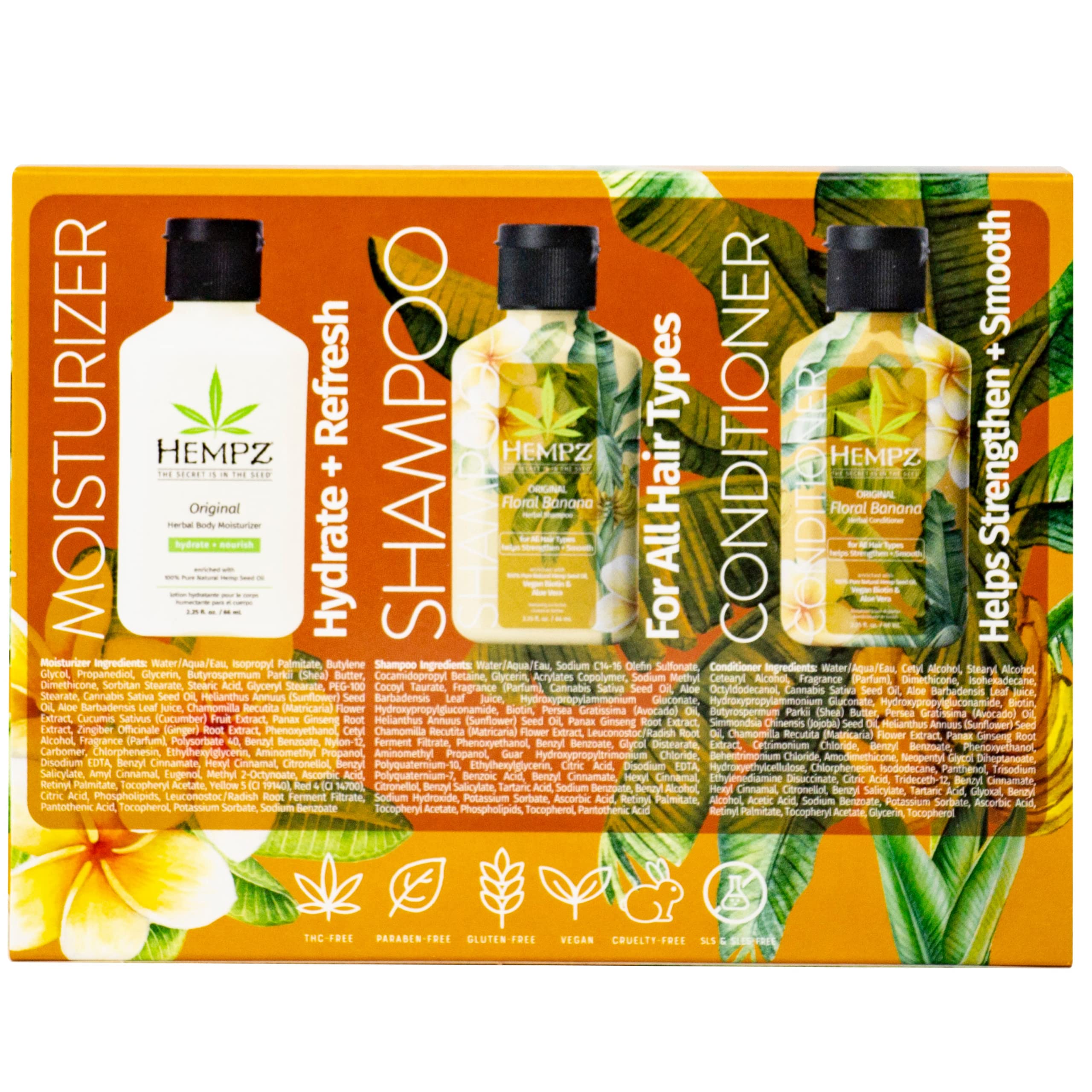 HEMPZ Shampoo, Conditioner, and Body Lotion Trio Set - Tea Tree & Chamomile - Hair & Skin Care Product Pack, Hemp Seed Oil - 2.25 fl oz, 3-Pack Bundle