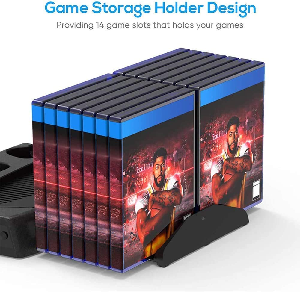 CONNYAM Vertical Stand with Cooling Fan for PS5 Ultra HD Console and PS5 Digital Edition, Controller Charge Station and 14 Retractable Game Storage for Sony Playstation 5 (Black)