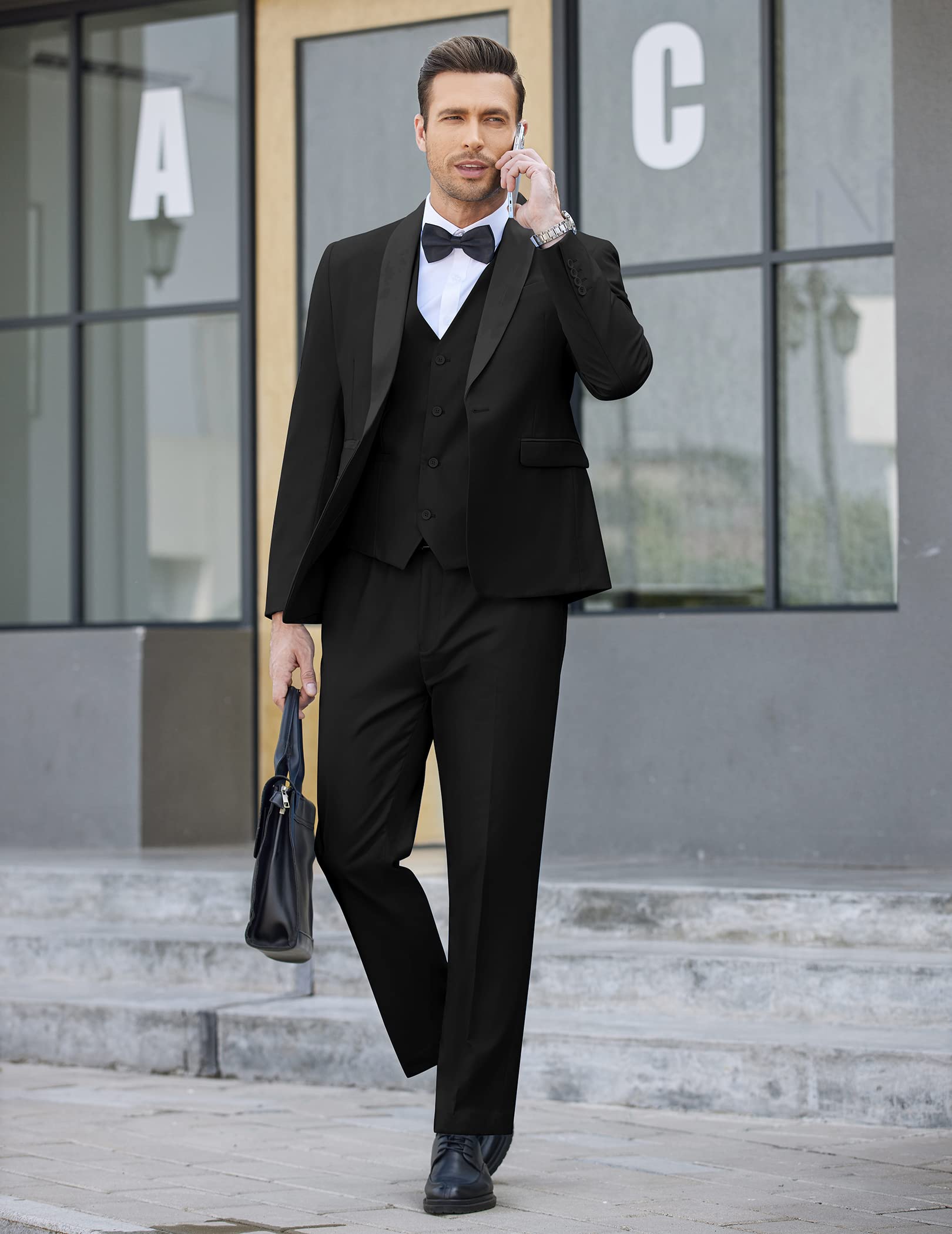 COOFANDY Mens Slim Fit 3 Piece One Button Business Wedding Prom Suits Blazer Tux Vest & Trousers Black X-Large