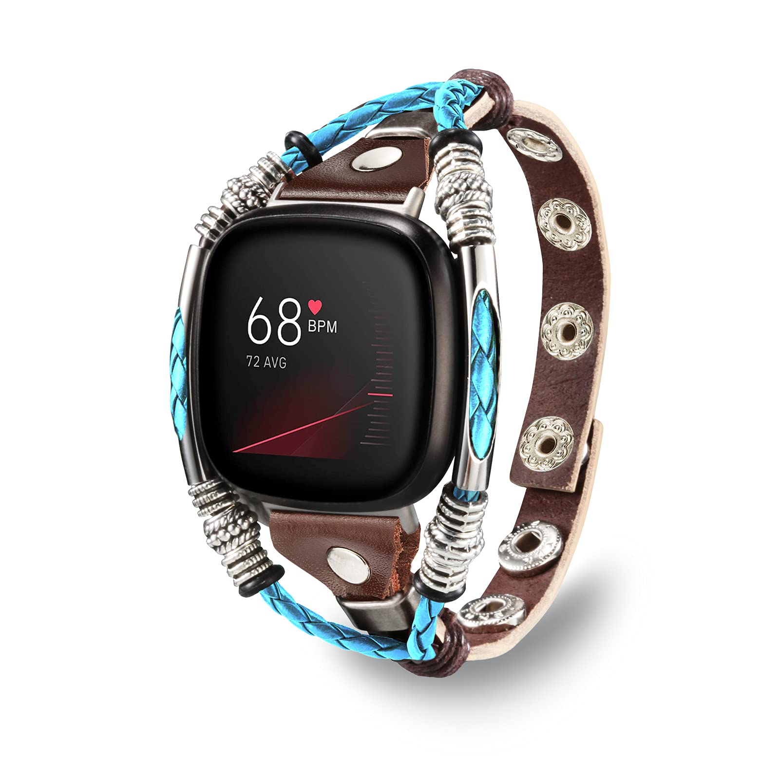 Compatible with Fitbit Sense/Fitbit Versa 3 Bands for Women, Marval.P Handmade Leather Band, Replacement Unique Bracelet Strap, Wristbands Adjustable Size, Fashion Wrist Band Straps (Blue)