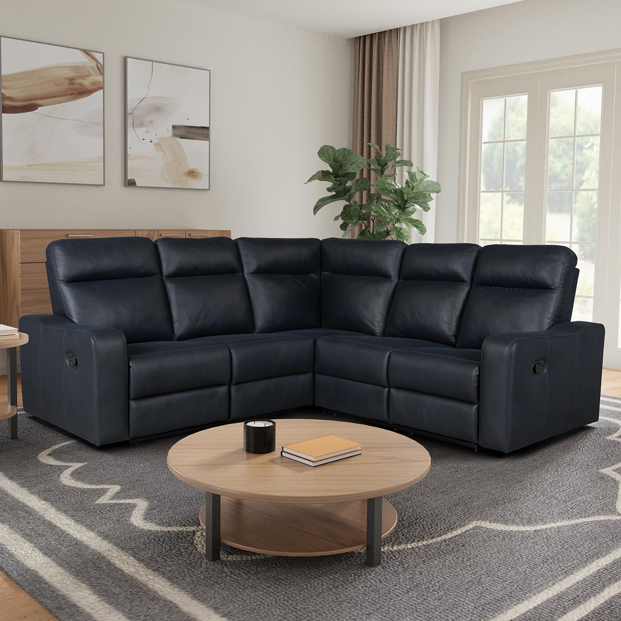 Cutimrke Home Theater Seating Sectional Set, 87.5” Manual Recliner Chair Sofa, Black Blue