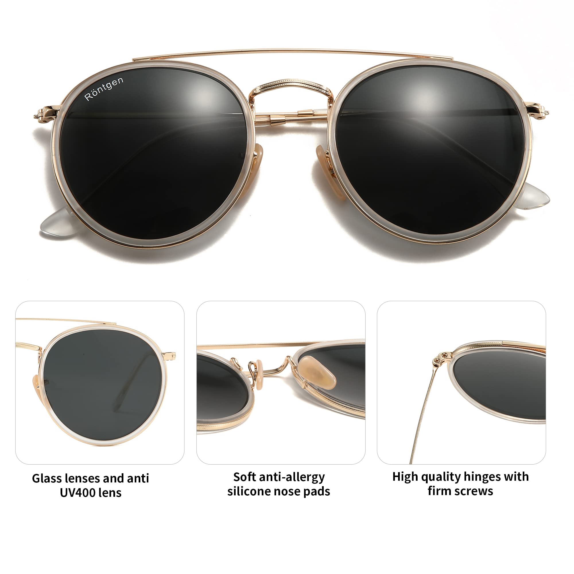 CONRAD RONTGEN Retro Round Sunglasses for Women Men Double Bridge UV400 Protection Black Frame Black Lens