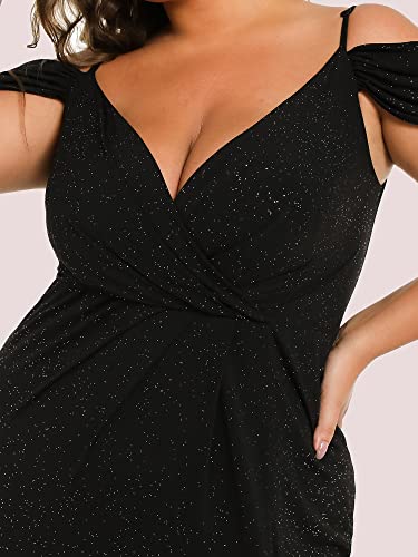 Ever-Pretty Plus Women's Curve V-Neck Cap Sleeves Leg Slit Long Plus Size Dress for Women Formal Black US22