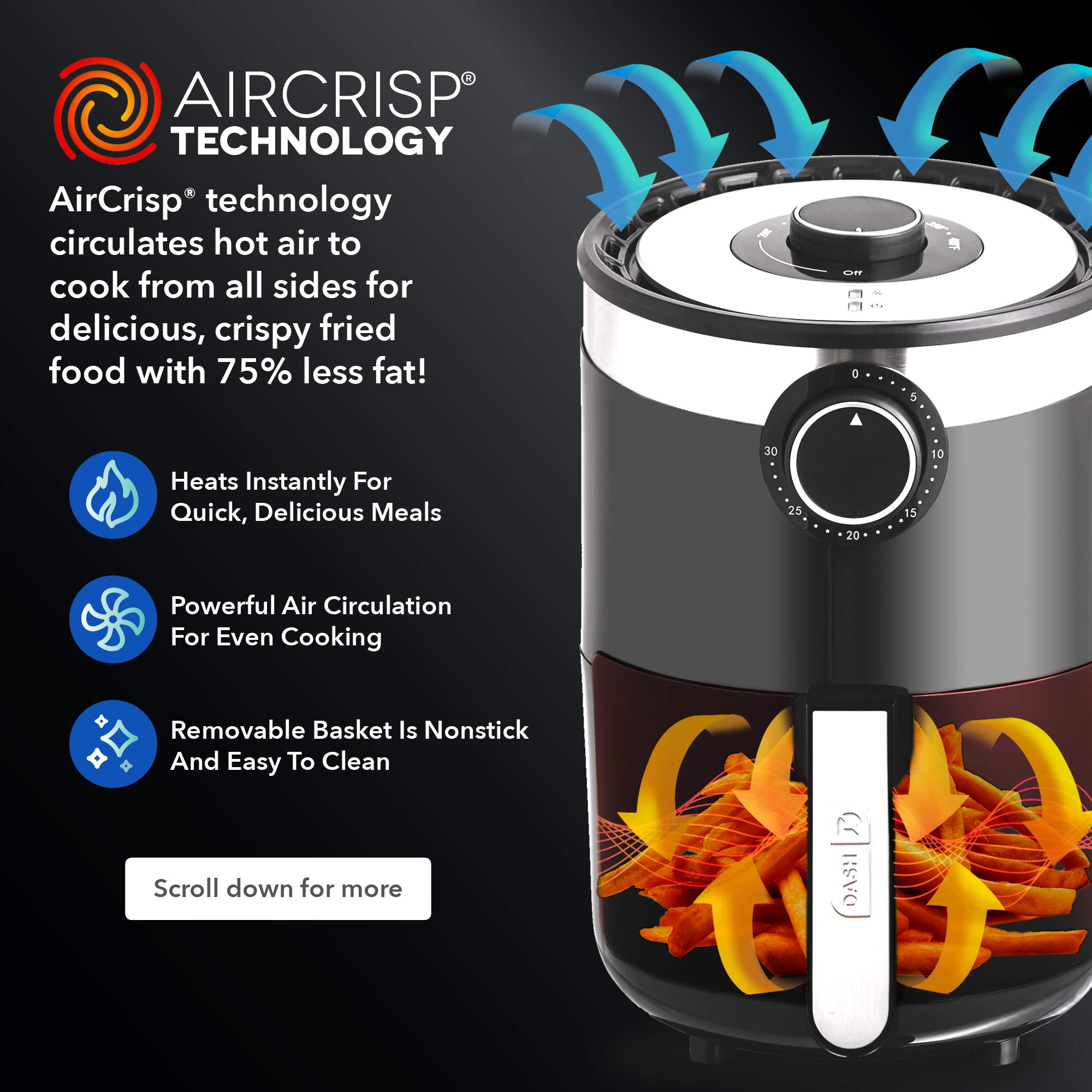 Dash DCAF250GBBK02 Aircrisp® Pro Compact Air Fryer + Oven Cooker with Temperature Control, Non Stick Fry Basket, Recipe Guide + Auto Shut Off Feature, 2qt, Black