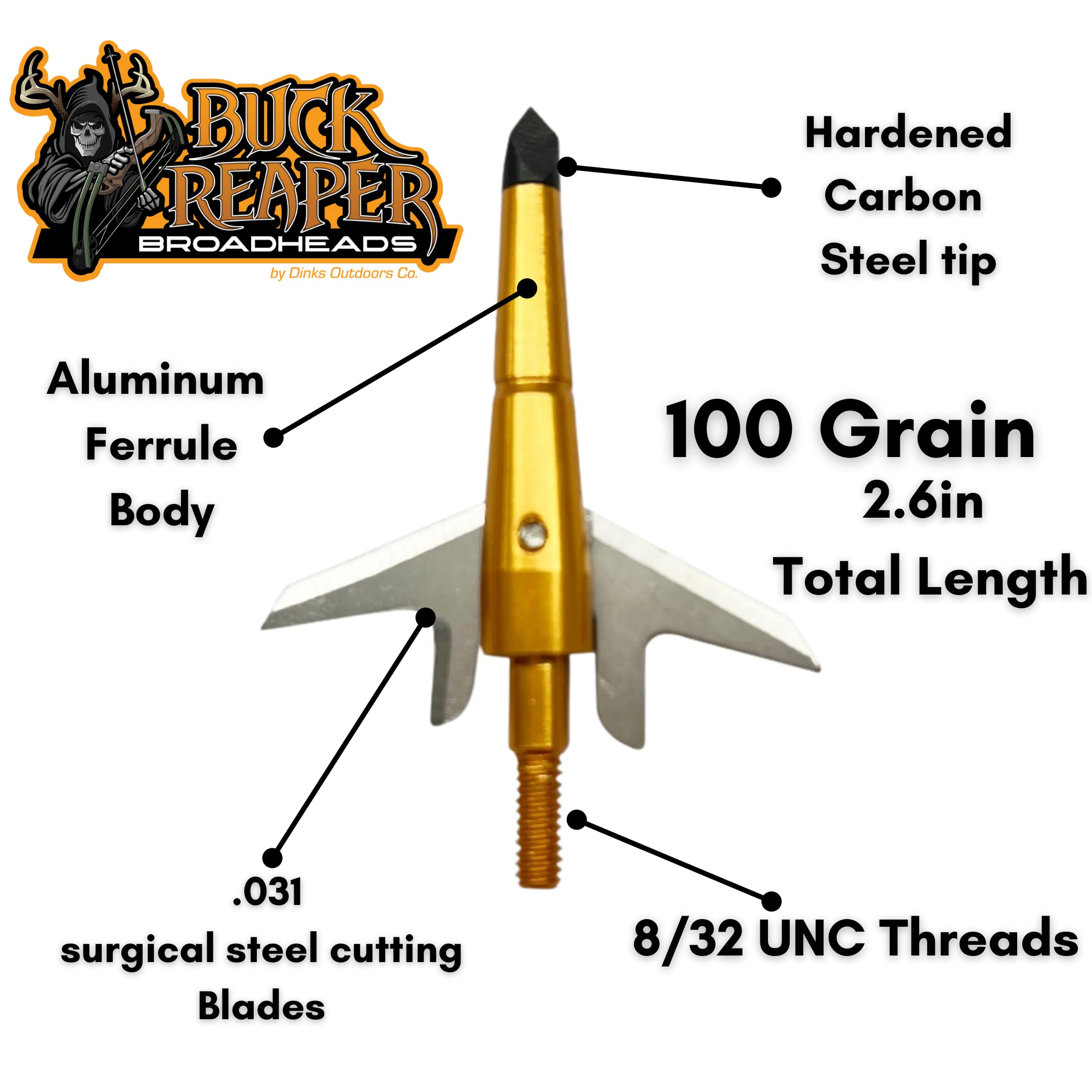 Dinks Outdoors Company Buck Reaper 100 Grain Broadhead, 2 Blade Expandable broadheads 1.7 Inch Cutting Diameter, 3 Pack, w/Bonus Lighted Arrow Knocks Compound Bow or Crossbow
