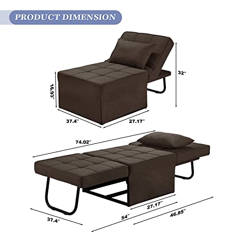 Saemoza Sofa Bed, 4 in 1 Multi Function Single Folding Ottoman Bed, Modern Sleeper Convertible Chair Adjustable Backrest Small Couch Bed for Living Room/Small Apartment, Dark Brown