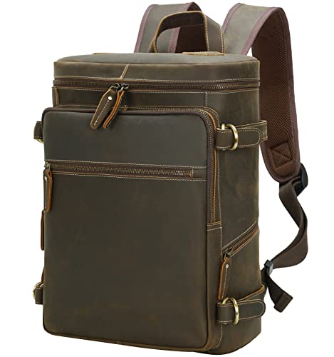 Masa Kawa Vintage Full Grain Leather Backpack for Men Fits 15.6 Inch Laptop Brown Travel Rucksack Bag Casual Daypack