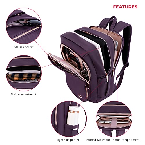 Swissdigital Design Katy Rose Laptop Backpack For Women,College Bookbags With USB Charging Port,Large Capacity Computer Backpacks For Work Business Purple(SD1006F-46)