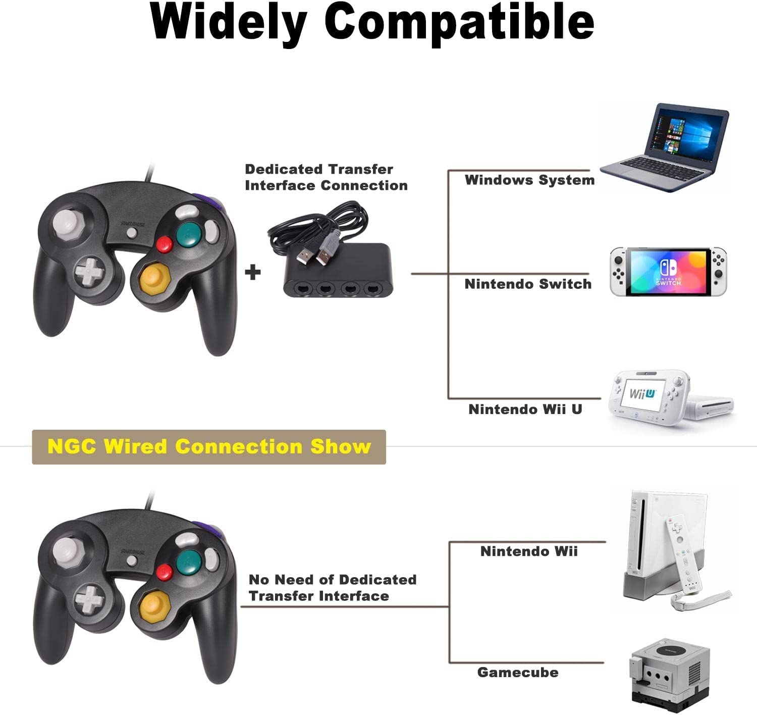 Gamecube Controller 4Pack - 4-Port Adapters and 4 Extension Cords for Switch PC and Wii U Console-Enhanced (OPBS)